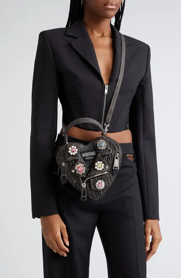 Moschino Jewels Heart Denim Biker Bag - Fantasy Print Black